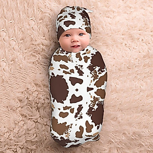 Brown Cow Print Baby Stuff New Born Baby Swaddle Blanket Soft Baby Sleep Sack Baby Blankets with Beanie Hat Gifts for Boys Girls Infant