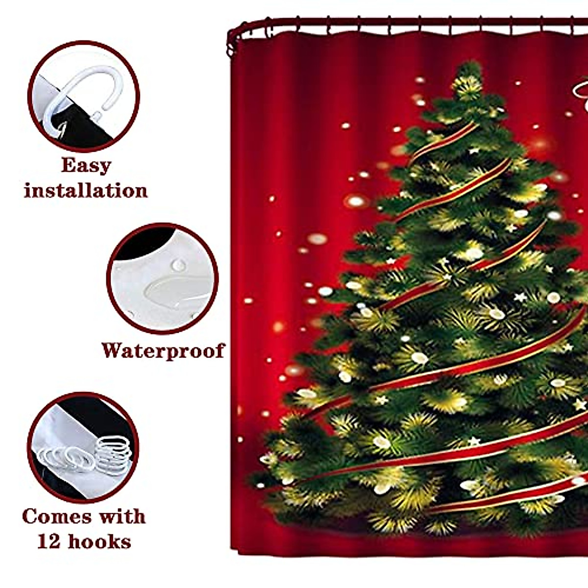 WISREMT Christmas Shower Curtain 4 Piece Sets with Non-Slip Rugs, Toilet Lid Cover and Bath Mat, Santa Elk Xmas Tree Truck Waterproof Shower Curtain with 12 Hooks Bathroom Set Holiday Home Decor