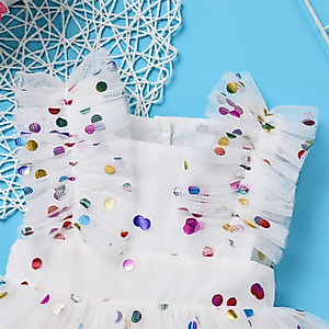Flower Girls Sequin Colorful Polka Dot Tutu Dress for Infant Baby Baptism Christening Gown Toddler Little Princess Pageant Wedding Birthday Party Tulle Romper Dresses White + Rainbow Dots 12-18 Months