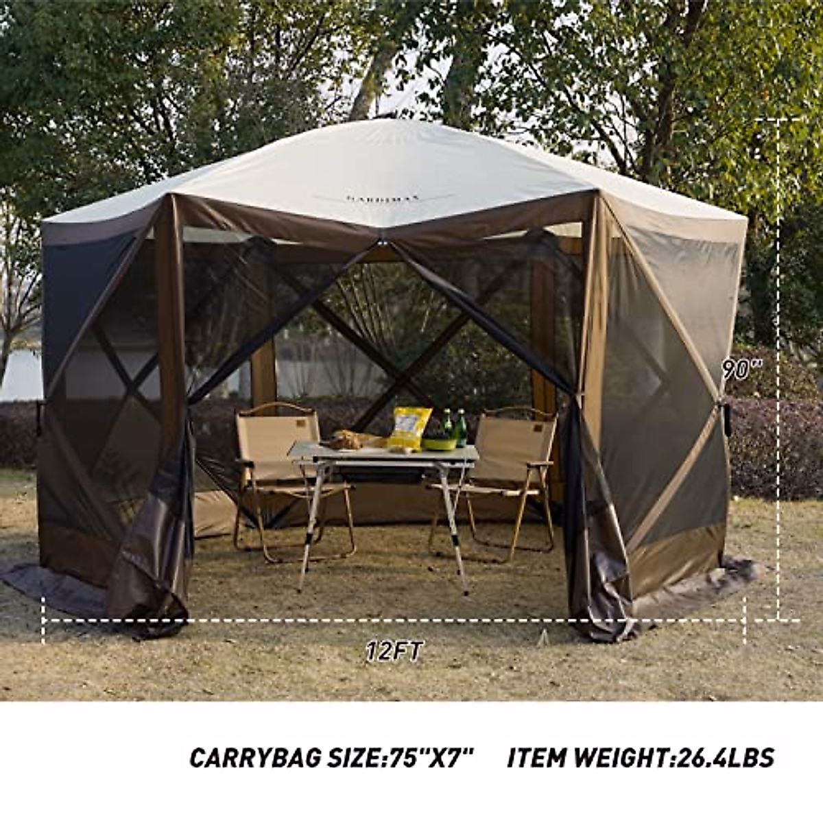 Gardimax Pop Up Instant 12'x12' 6 Sided Gazebo Screen House for Camping 8-10 Person, for Backyard, Camping, Outdoor, Coffee