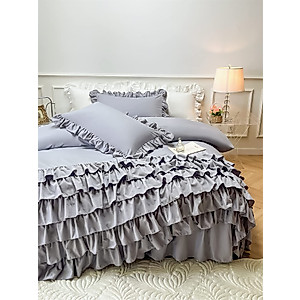 MOOWOO Waterfall Ruffle Duvet Cover Queen 3 Piece Shabby Chic Bedding Solid Color Soft and Breathable with Zipper Closure & Corner Ties (Gray, Queen)