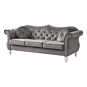 Pemberly Row17 Transitional Velvet Tufted Sofa with 2 Pillows in Dark Gray