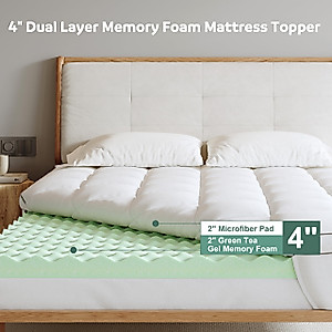 Lazyzizi Memory Foam Mattress Topper Queen, 4inch Dual Layer Cooling 2''Gel Green Tea Memory Foam & 2" Pillow Top Mattress Pad, 8-21inch Deep Pocket, Egg Crate for Back Pain Relief