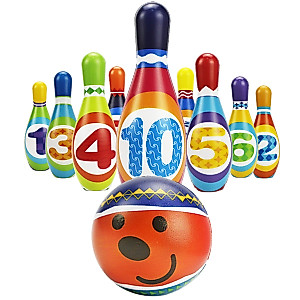 iPlay, iLearn Kids Bowling Toys Set, Toddler Indoor Outdoor Activity Play Game, Soft 10 Foam Pins Two Balls Set, Educational Birthday Party Stocking Stuffer Gift 18 24 Month 2 3 Year Children Boy Girl