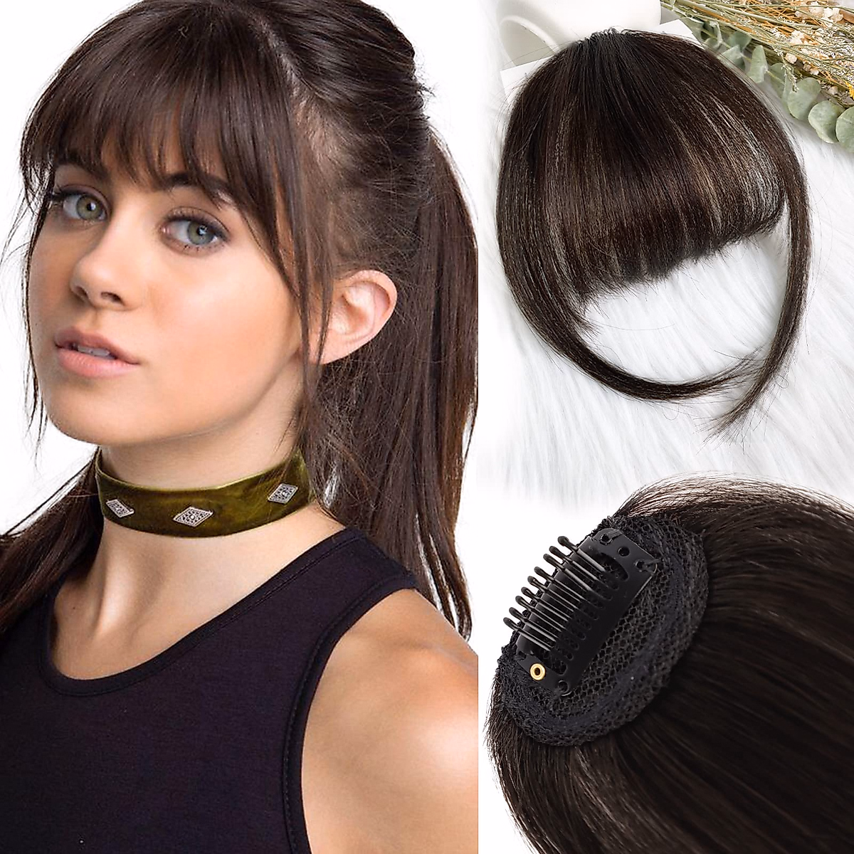 HMD Bangs Hair Clip in Bangs Real Human Hair Wispy Bangs Fringe with Temples Hairpieces for Women Clip on Air Bangs Flat Neat Bangs Hair Extension for Daily Wear (Wispy Bangs, Dark Brown)
