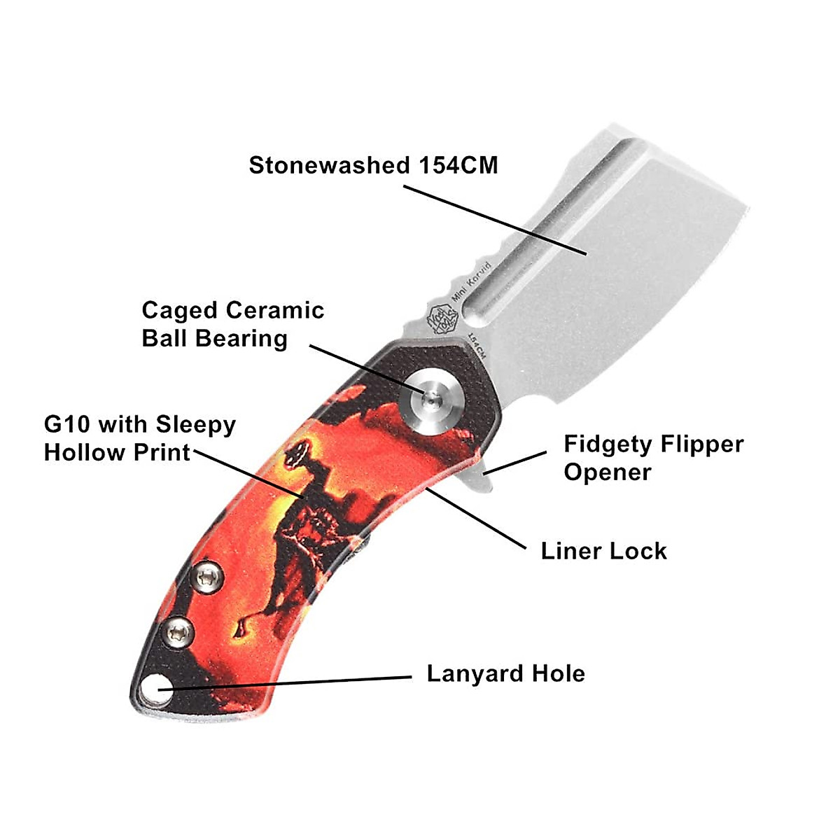 KANSEPT Mini Korvid Pocket Knife, Folding Knife for EDC with 1.45''154CM Cleaver Blade and G10 Handle with Sleepy Hollow Print, Mini Cleaver Flipper for Everyday Carry T3030S2