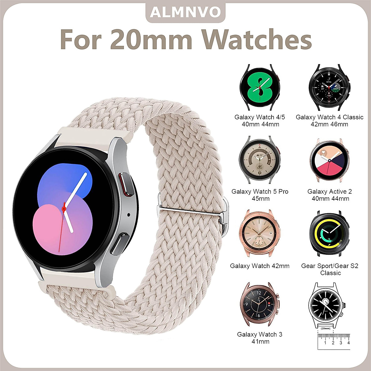20mm Braided Nylon Adjustable Band for Samsung Galaxy Watch 5/4/6/active 2 40mm 44mm/Galaxy Watch 5 Pro 45mm/Watch 4 Classic 42mm 46mm/Galaxy Watch 6 Classic 43mm 47mm,6Pack Wristband Sport Strap for