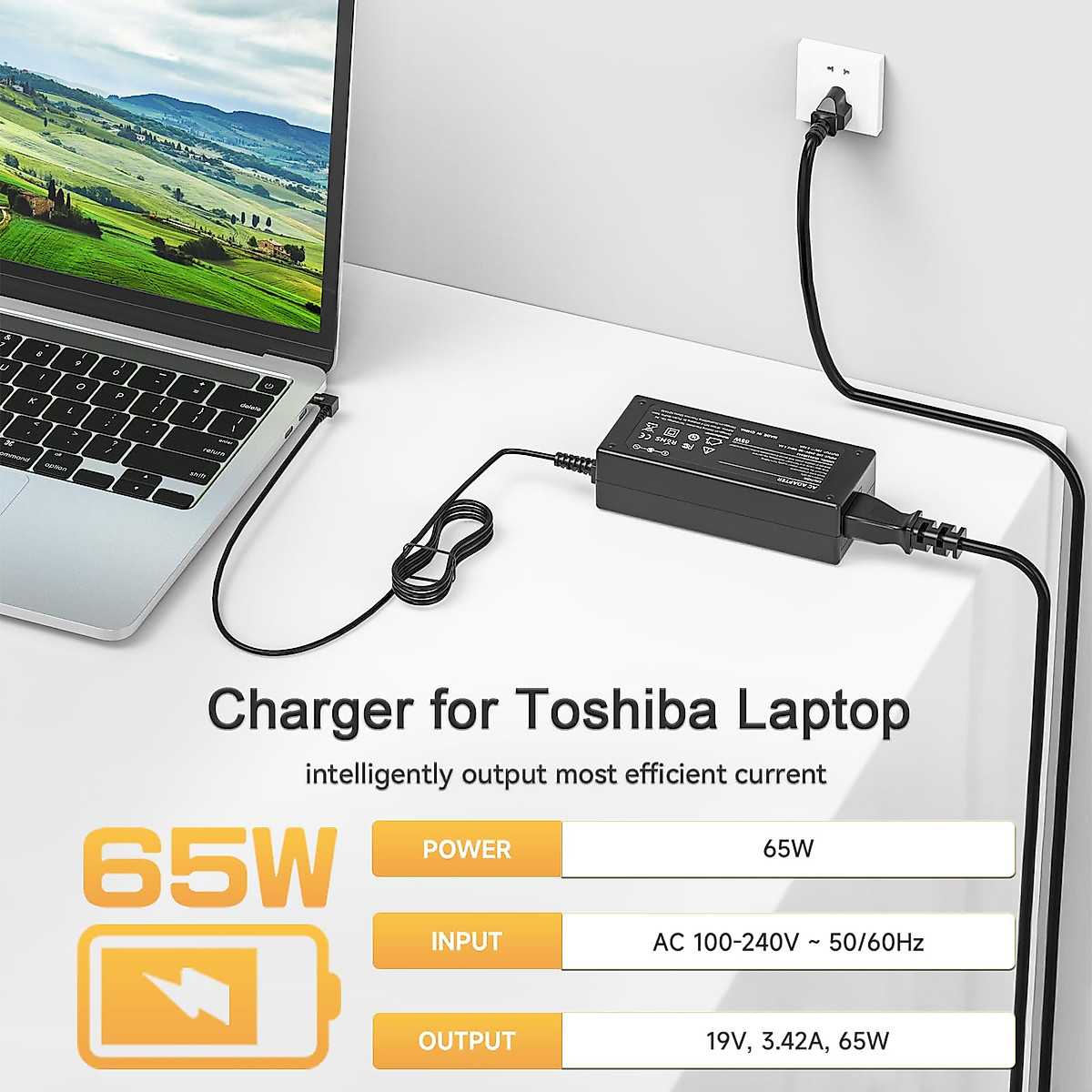 65W Laptop Charger for Toshiba Satellite C55 C55D C655 C855 C855D L55 L745 L655 L755 P755 S55 S55T A105 A215 A505 A665; PA3822U-1ACA, PA3917U-1ACA, PA5177U-1ACA, PA5178U-1ACA Power Supply Cord