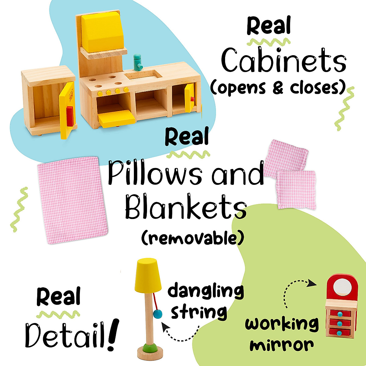 Wooden Dollhouse Furniture Set - 27 Piece Kit - Living Room, Bedroom and Kitchen Accessories, 100% Natural Wood, Nontoxic Paint, Smooth Edges