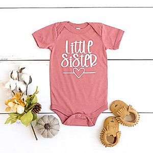 Olive Loves Apple Little Sister Heart Bodysuit for Baby Girls Sister Sibling Outfits White on Mauve Bodysuit Newborn