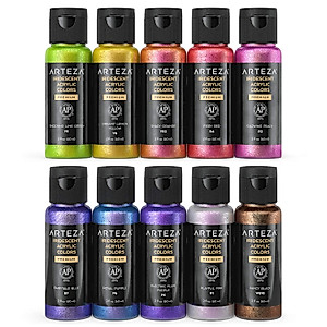 ARTEZA Iridescent Acrylic Paint Set of 10 Chameleon Colors, 2 ounce Bottles, Shimmer Water-Based Paints, Art Supplies for Canvas, Wood, Rocks, Fabrics