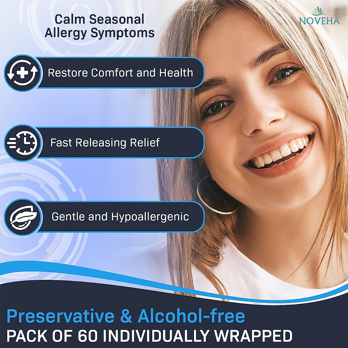 NOVEHA 60Pcs Allergy Relief Eyelid Wipes | Pre-moistened Hypoallergenic Eye Cleansing Pads, Reduce Itchiness, Redness & Discomfort Caused By Allergy, Clean, Soothe & Remove Debris (1 Pack)