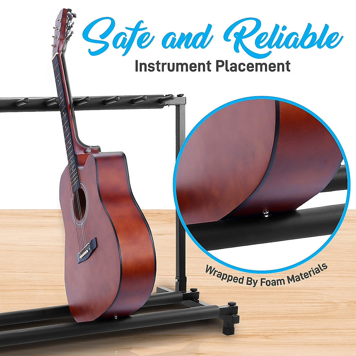 Pyle 9-Space Foldable Universal Multi Guitar Stand - Guitar Stand Portable Collapsible Instrument Floor Guitar Rack Holder w/ Foam Padding - For Acoustic, Electric, Bass Guitar & Guitar Bag / Case
