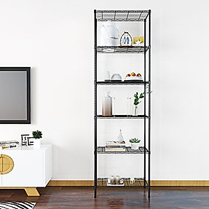 BATHWA 6-Tier Metal Wire Rack, Free Standing Shelving Unit, Adjustable Heavy Duty Storage Shelves for Kitchen Organization, with Leveling Feet and Stainless Side Hooks, Black