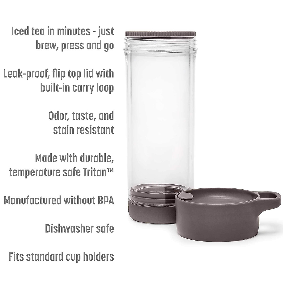 Press and Go Iced Tea Tumbler For Loose Leaf or Bagged Teas, Double Wall Travel Tea Mug with Stainless Steel Infuser, Leakproof, Dishwasher Safe