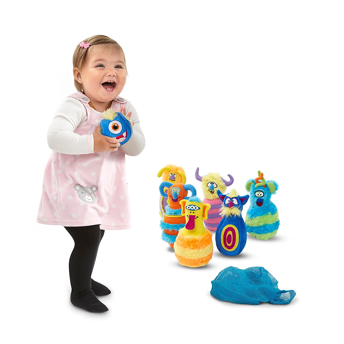Melissa & Doug Fuzzy Monster Bowling Pins & Ball With Mesh Storage Bag (8-Piece Set) - Toddler Plush Indoor Bowling Set, Monster Bowling Set For Toddlers And Kids Ages 2+