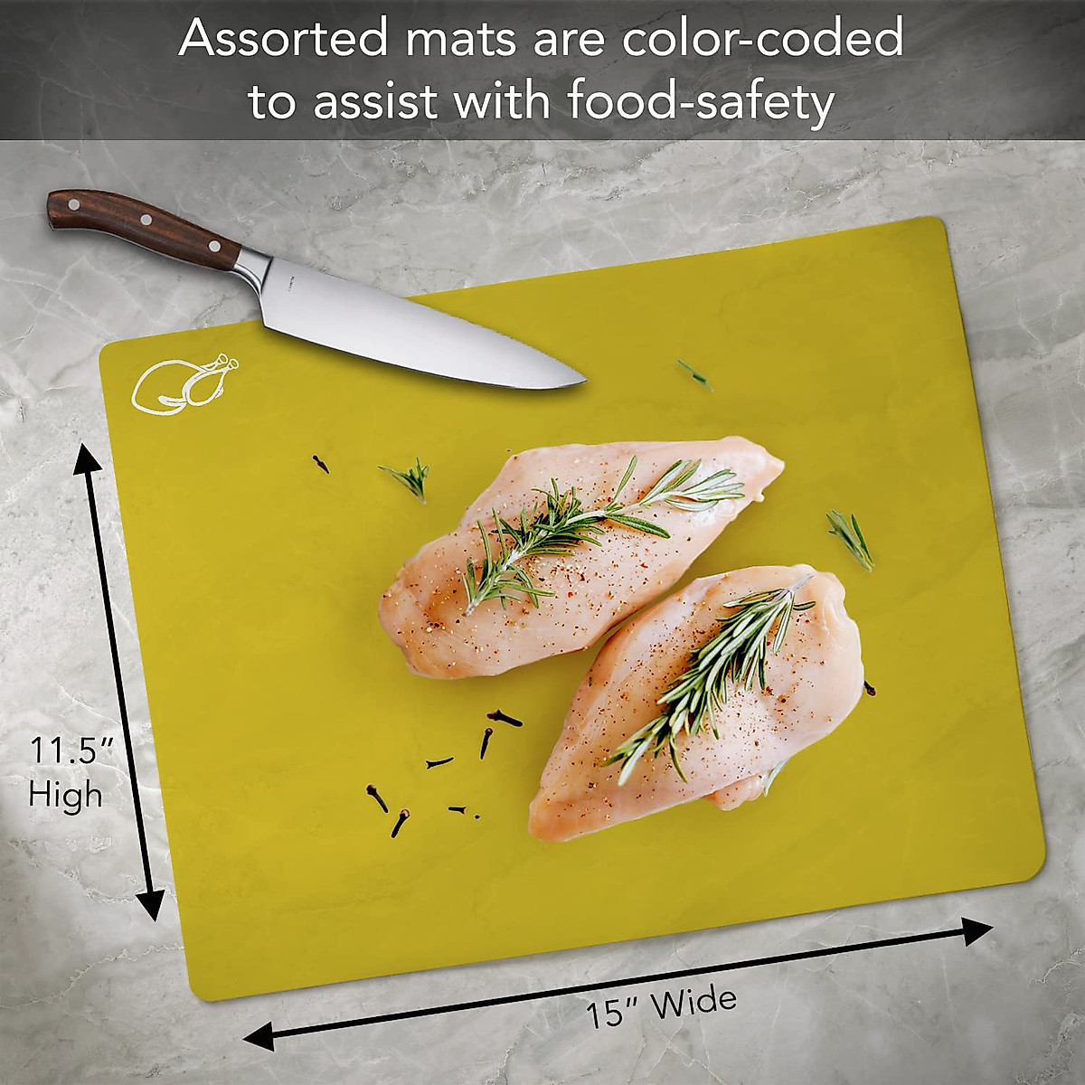 Cut N' Funnel Color Coded Flexible Plastic Cutting Board Mats with Food Icons 4 Pack Made in the USA Flexible, BPA Free, Dishwasher Safe 15" by 11.5"