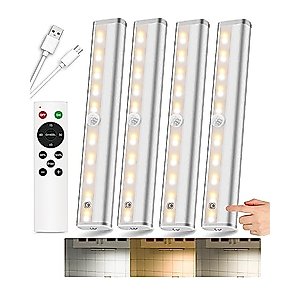 SZOKLED 20LED Under Cabinet Lights Remote Control, Dimmable Under Cabinet Lighting Wireless, Rechargeable Under Counter Lights for Kitchen, Shelf, Hallway, Display, Stairs, Multiple Colors 4 Pack