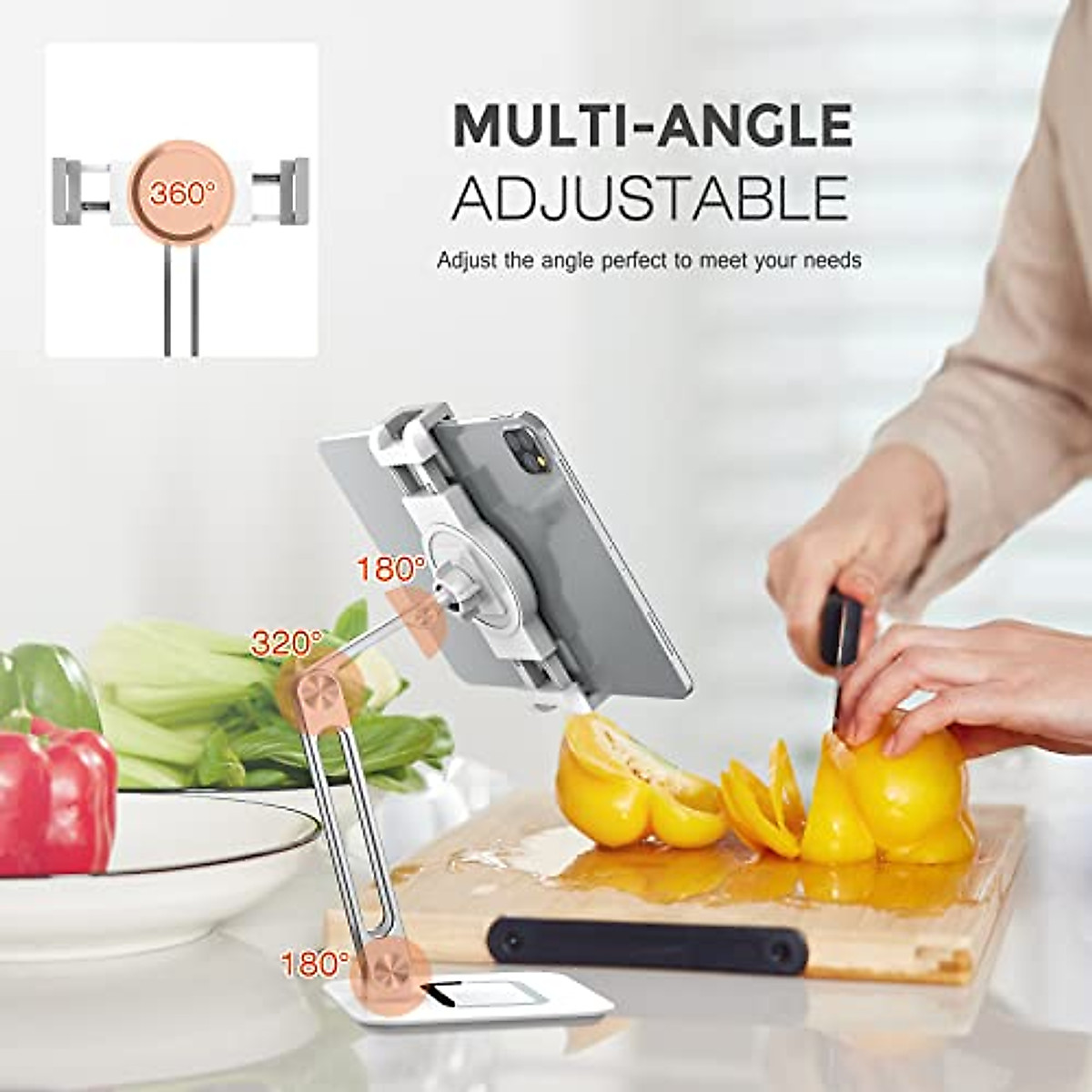 Lucrave Tablet Stand Holder for Desk, Adjustable Aluminum 360 Degree Rotating Desktop Mount Dock Compatible with iPad Pro 9.7, 10.5, 12.9, Air, Mini, Kindle, Galaxy Tab, E-Reader (4-13"), Silver