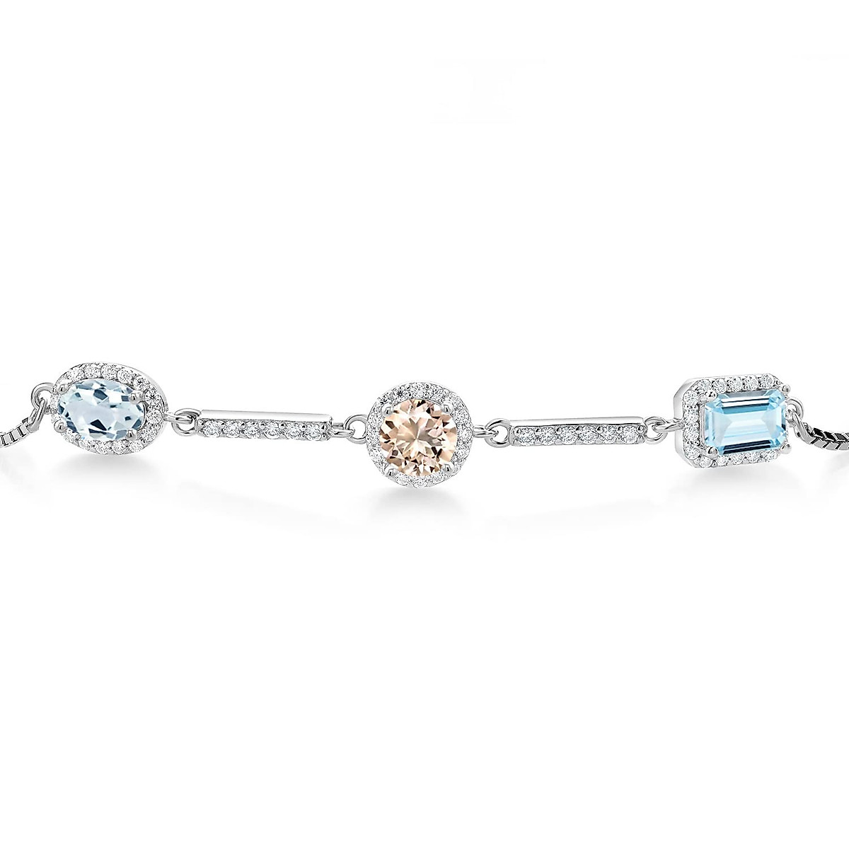 Gem Stone King 925 Sterling Silver Sky Blue Aquamarine Peach Morganite and Created Moissanite Tennis Bracelet For Women By Keren Hanan (1.73 Cttw, Fully Adjustable Up to 9 Inch)