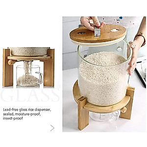 Glass Rice Dispenser with Wooden Stand, Flour and Sugar Container Dispenser with Glass Measuring Cup for Pantry Organization and Storage with Airtight Bamboo Lid for Rice, Beans,and Ground Coffee (5L)
