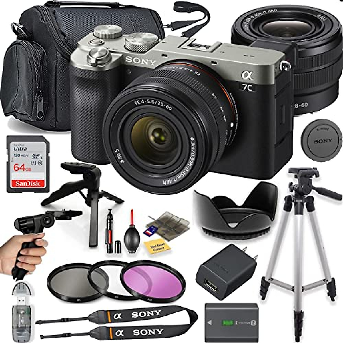 Sony a7C Mirrorless Camera FE 28-60mm f/4-5.6 Lens (Silver) Bundle with Accessories (64Gb High Speed Memory Card, 50" Tripod, Gadget Bag, Cleaning kit)