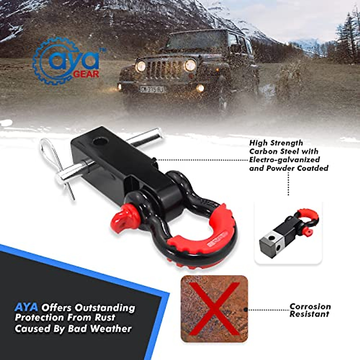 Aya Gear Shackle Hitch Receiver 2 inch 35,000lbs Break Strength Heavy Duty Receiver with 5/8" Screw Pin, 3/4 Shackle. Vehicle Recovery Off-Road, Towing Accessories Compatible with Trucks Jeeps