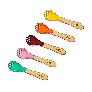 Avanchy Baby Fork Set, Bamboo and Silicone Spork Utensils, Toddler Baby Led Weaning Silverware Cutlery Flatware, Kids First Self Feeding, 2 Pack, 5 Pack, with Pink Fork