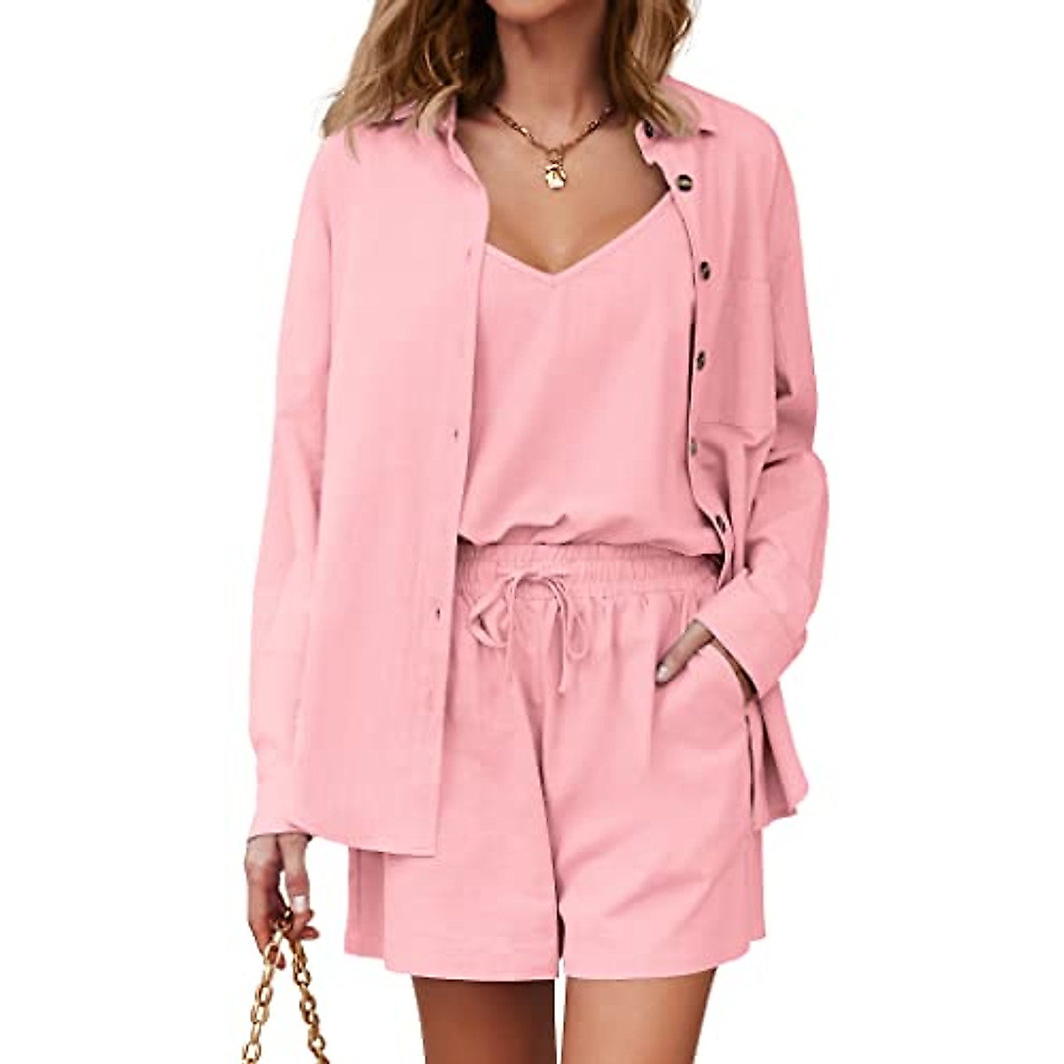 Zeagoo 3 Piece Linen Shorts Set for Women Dressy Casual Shirts Long Sleeve Summer Adjustable Spaghetti Strap Tanks