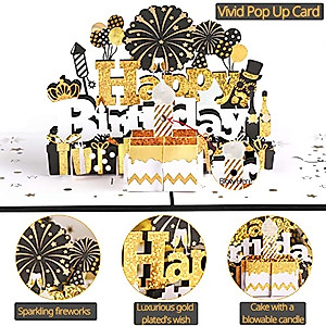 Birthday Card, Musical Birthday Cards with Light and Music, 3D Birthday Pop Up Card Birthday Gift, Blow Out LED Light and Play Happy Birthday Music Singing Card for Men or Women-Black Gold