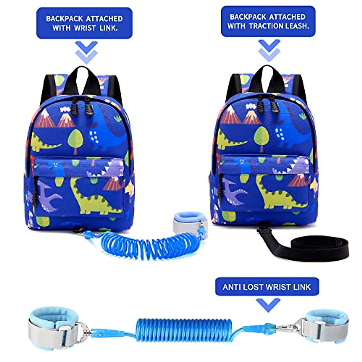 Accmor Toddler Harness Backpack Leash, Baby Dinosaur Backpacks with Anti Lost Wrist Link, Cute Mini Child Harnesses Leashes for Walking, Keep Kids Close Back Pack Rope Tether Rein for Boys Girls(Blue)