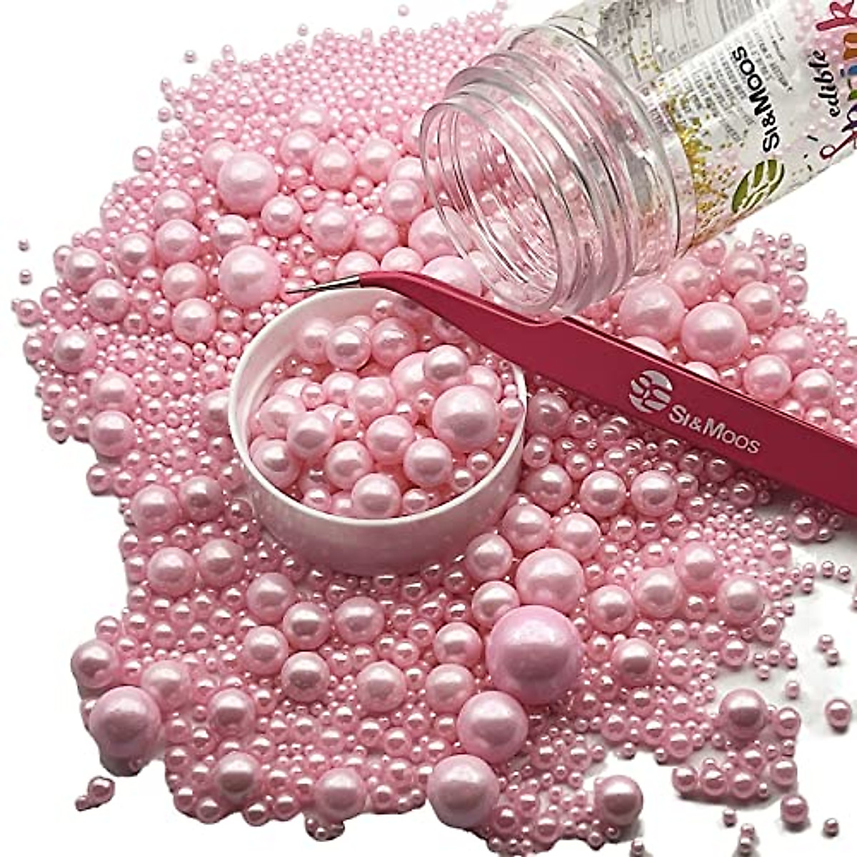 SE Si&Moos Edible Pearls for Cake Decorating Sugar Pearls Pink Pearl Sprinkles Pink Cookie Decorating Peals 3.5 oz with 1 Pair of Tweezers