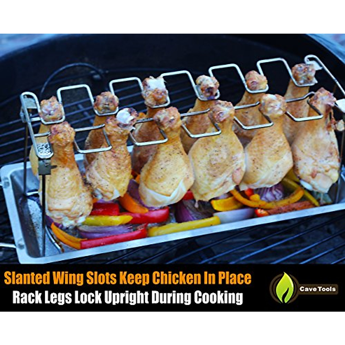 Cave Tools Chicken Wing & Leg Rack for Barbecue Grill Smoker or Oven - Stainless Steel Vertical Roaster Stand & Drip Pan/Grill Grease Tray for Cooking Vegetables in BBQ Juices - Dishwasher Safe