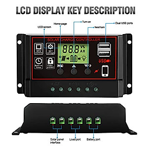 WERCHTAY 60A Solar Charge Controller 12v/ 24v PWM Solar Panel Charge Controller Intelligent Regulator with 5v Dual USB Port Display Adjustable Parameter LCD Display and Timer Setting ON/Off Hours