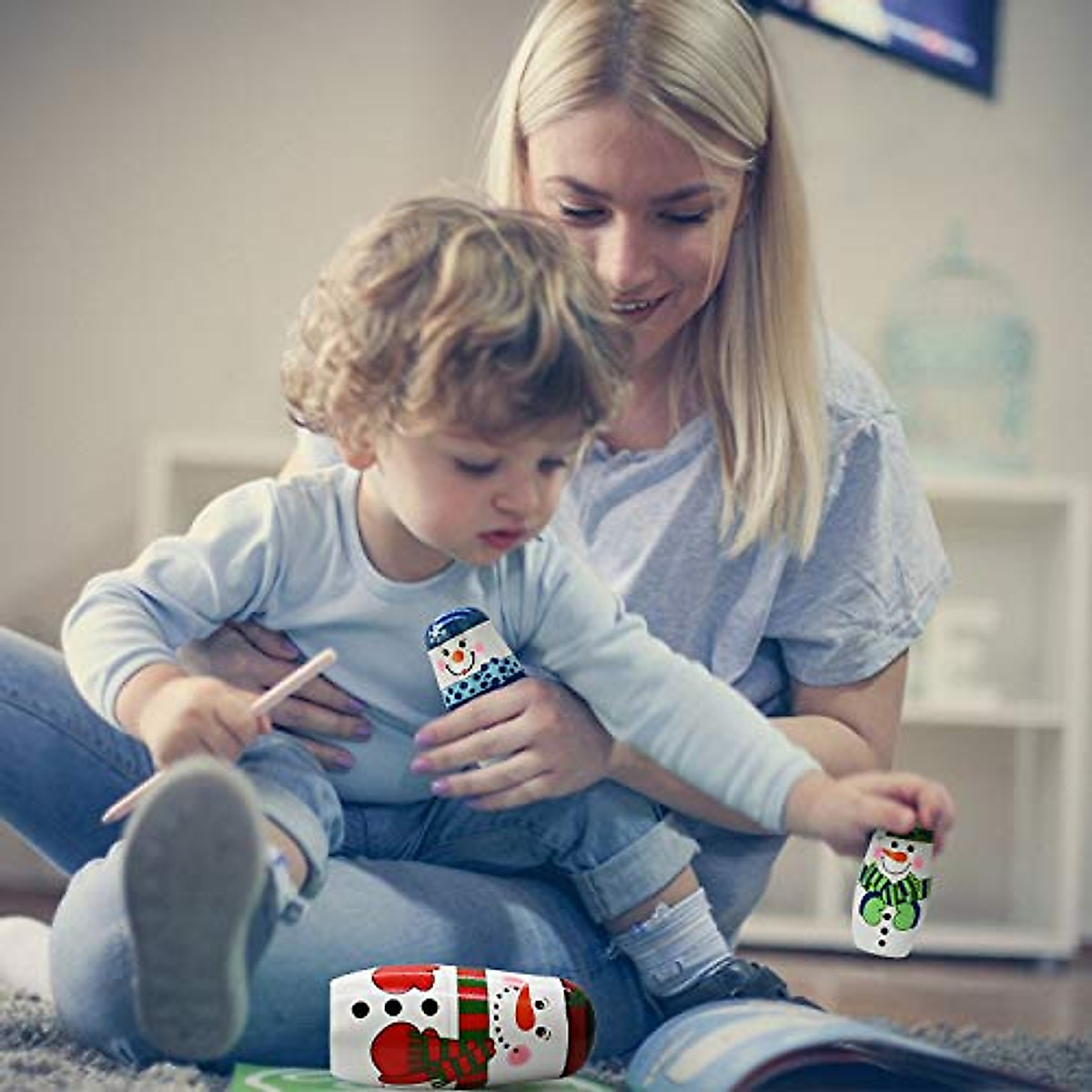 Tphon Nesting Dolls 5pcs Handmade Russian Wooden Matryoshka Dolls Cute Cartoon Pattern Nesting Doll Toy Stacking Doll Set for Kids Christmas and Birthday (02 Snowmen)