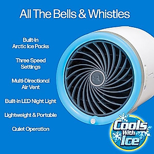 Arctic Air Ice Jet Personal Air Cooler, 3-Speed Room Cooler with Reusable Ice Packs, Portable Cooler with Multi-Directional Vent & 7 LED Lights, Whisper-Quiet Air Cooler for Room
