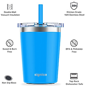 Signice Kids Cups with Straw Lid Upgraded Leak Proof 8.5 Oz Toddler Smoothie Cup Vacuum Insulated Stainless Steel Toddlers Cups Baby Child Tumbler,BPA Free,2 Pack (Aqua & Blue)
