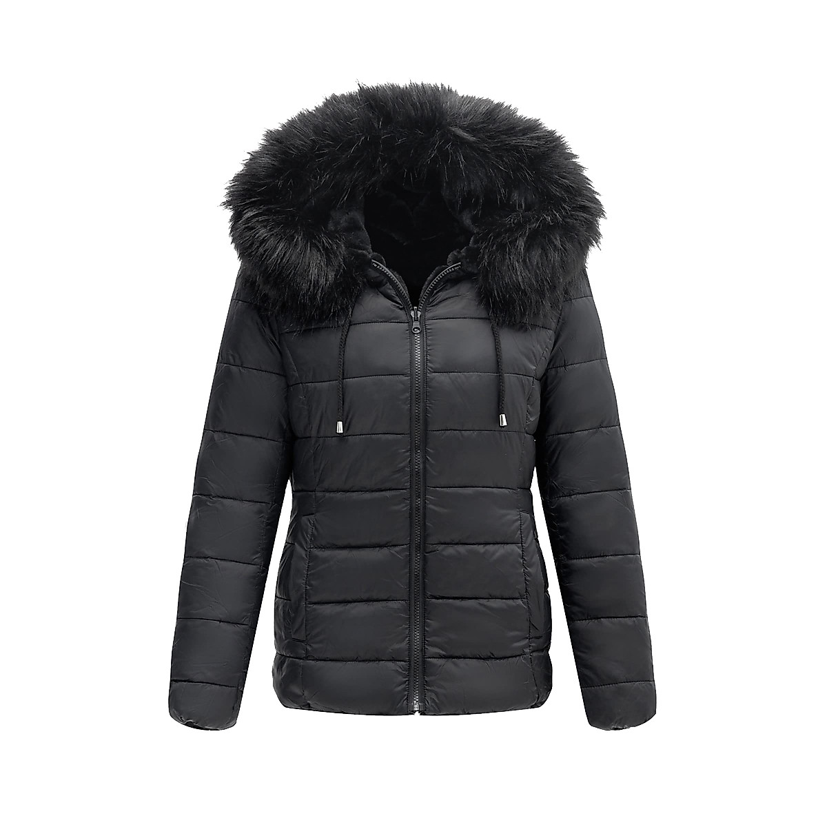 Bellivera Women Double Sided Faux Fur Jacket with Fur Collar, The Puffer Coat Worn on Both Sides 19225 Black M
