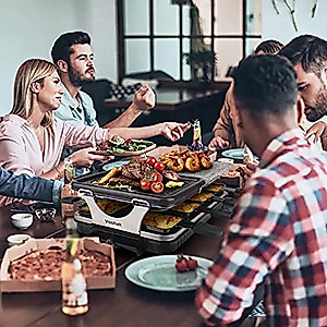 Voohek Korean BBQ Grill Raclette Table Grill Hibachi Electric Indoor Grill 2 in 1 Non-stick Grilling Plate and Natural Cooking Stone Adjustable Temperature 8 Raclette Pans 8 Wooden Spatulas 1300W