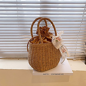 Straw Bag, Beach Bag for Woman, Bohemian Hand-Woven Handbags, Basket Bag with Ribbon, Straw Beach Bag Suitable for Picnic, Travel, Daily Matching(Khaki)