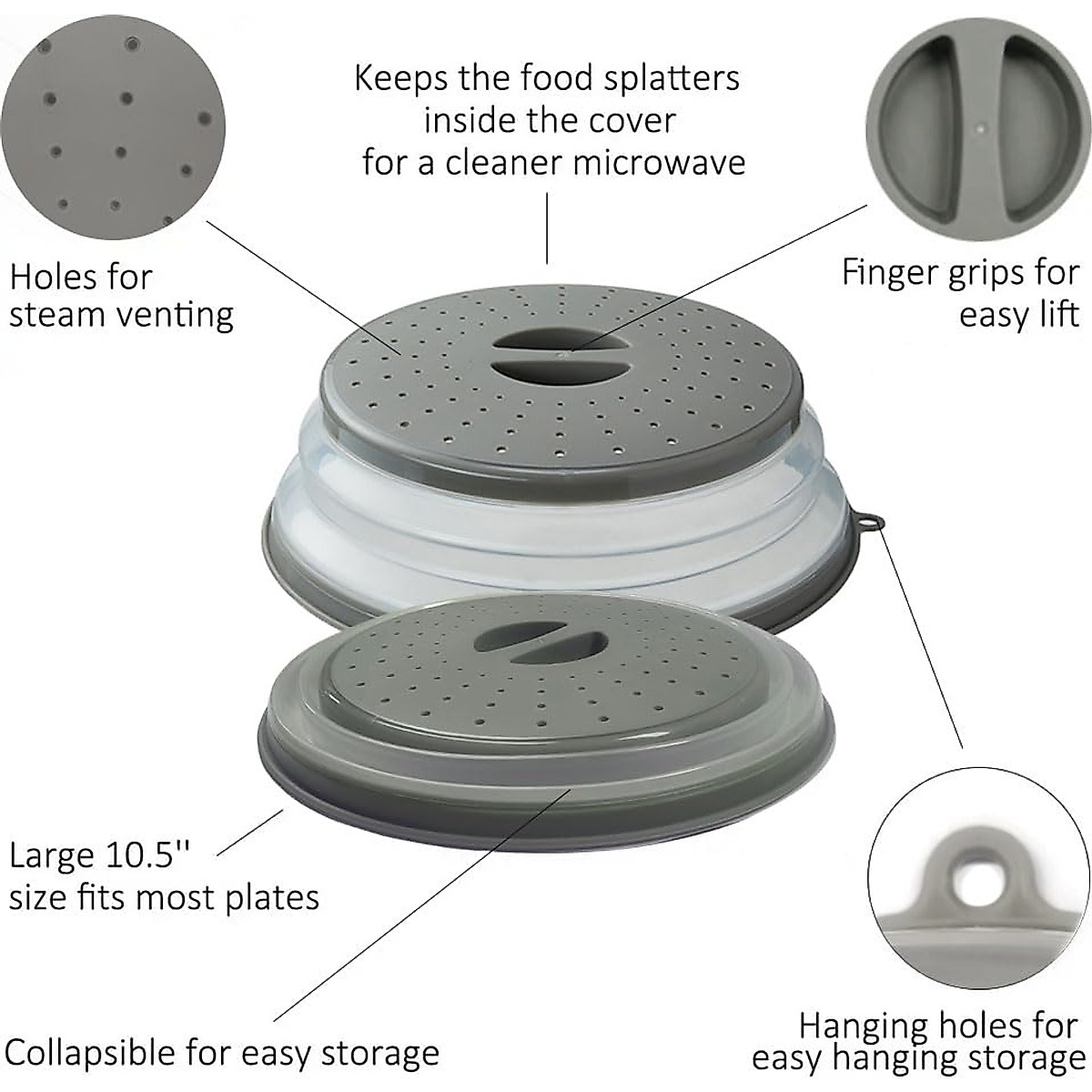 Tourvee Microwave Lid,Foldable Microwave oven Cover for Food, Safe and Free of BPA Plastic and Silicone, Multi-purpose Kitchen Tool splash cover. Can be washed with Water or Dishwasher. (Gray)