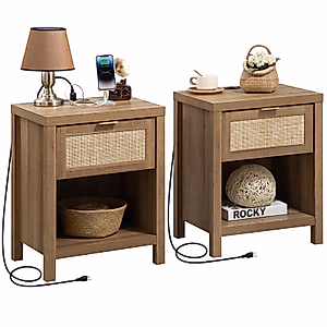 SICOTAS Rattan Nightstand Set of 2, Farmhouse Night Stands with Charging Station Bedside Table with Drawer, Boho End Table with USB and Type-C Ports for Bedroom Small Space, Oak Wood