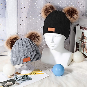 Geyoga Kids Toddler Winter Pompom Hat Baby Knitted Beanie Hat Faux Fur Pom Beanie Cap for Girls Boys 1-3 Years Old(Gray,White,Black,M)