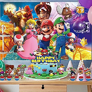 Super Brother Backdrop for Birthday Party Decorations, Mario Background for Baby Shower Party Cake Table Decorations Supplies, Mario Theme Banner (5.9ft*3.6ft-1)
