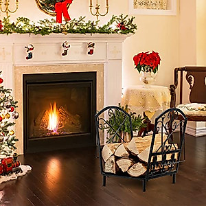 Goplus 14” Small Firewood Rack, Indoor Outdoor Decorative Firewood Storage Carrier Log Rack with Handles, Elegant Patterns & Raised Legs, Heavy Duty Firewood Holder for Fireplace, Fire Pit