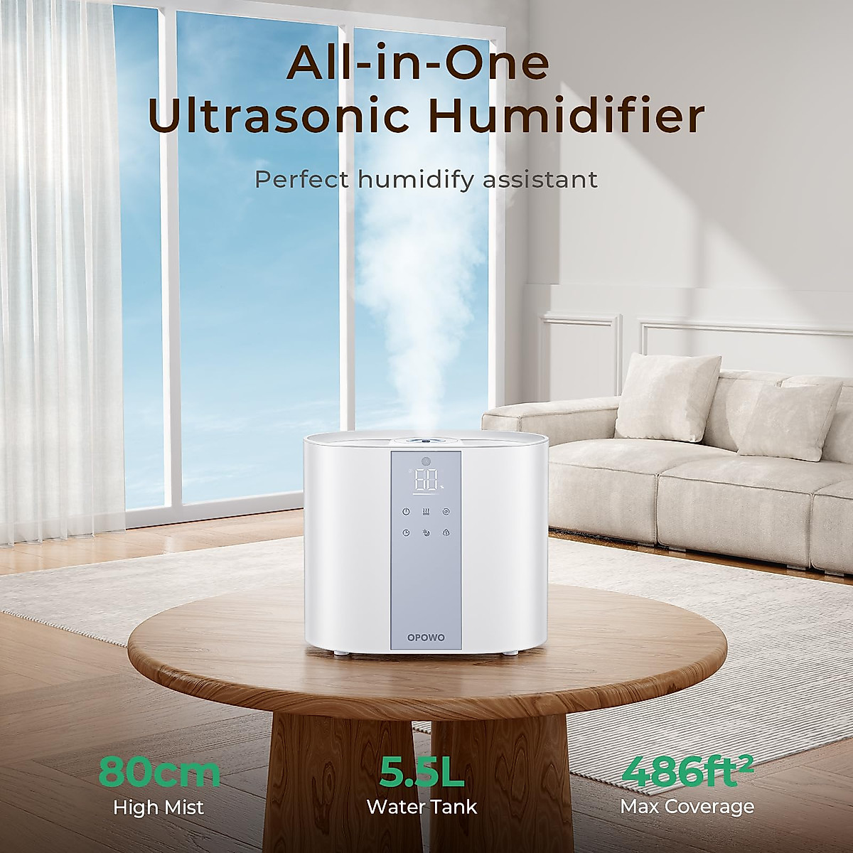 OPOWO Humidifier for Bedroom Cool Mist for Plants, 5.5L Top Fill Air Humidifier for Large Room, Essential Oil Diffuser, Lasts up to 55H, Sleep Mode, Timer, Touch and Remote Control, Auto Off