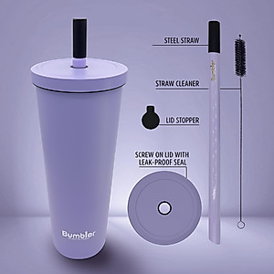 Stainless Steel Bubble Tea Cup - Bumbler 24oz Large Reusable Eco-Friendly Tumbler with Wide Soft Tip Metal Straw, Leak-Proof Lid - for Boba, Smoothies, Iced Coffee, Hot or Cold Drinks - Lavender