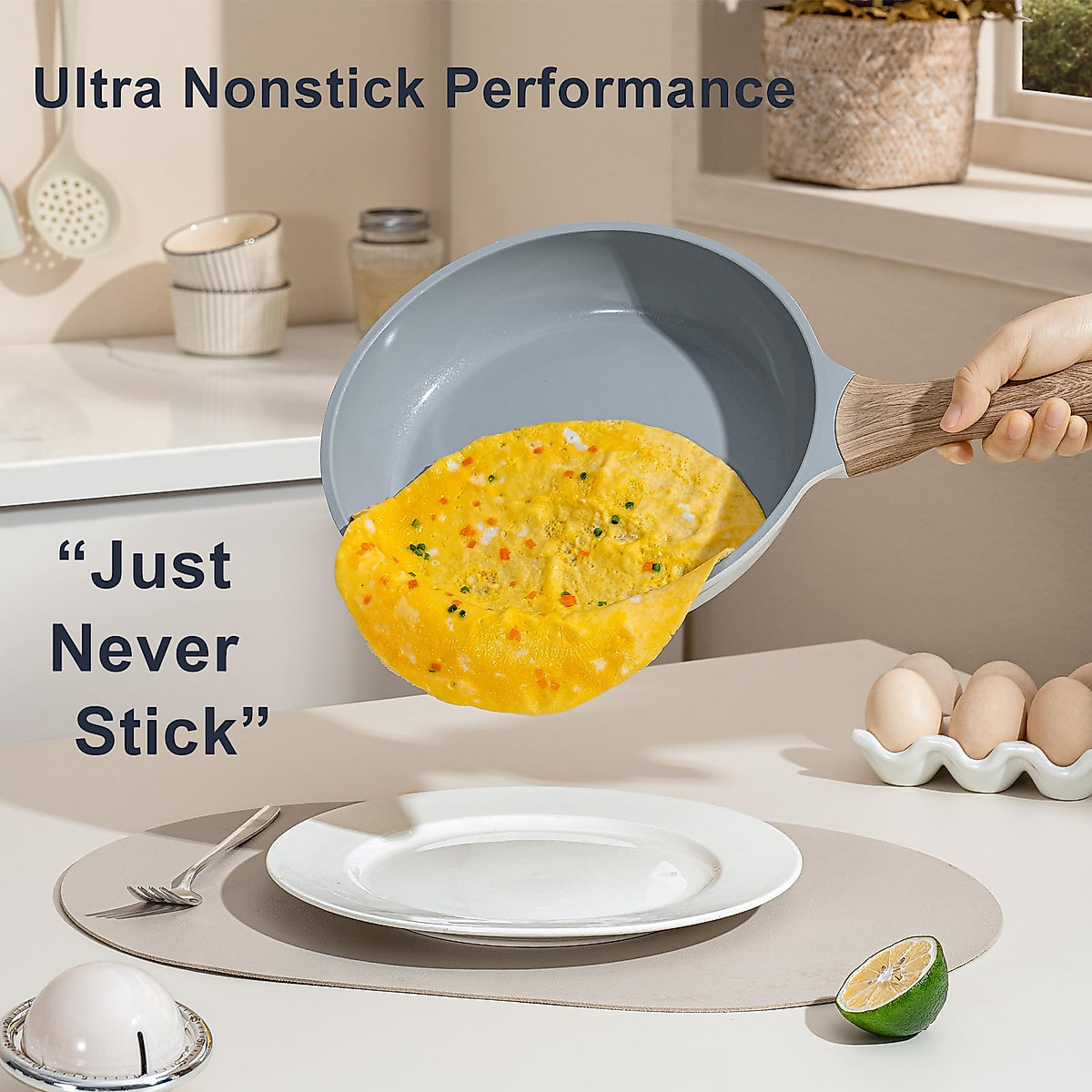 OROLEY Pots and Pans Set Nonstick,Ceramic Cookware Set Pots, Pans, Lids and Spatula Kits,Non Toxic, PTFE & PFOA Free - Compatible with All Stovetops (Gas, Electric & Induction) (Cream)