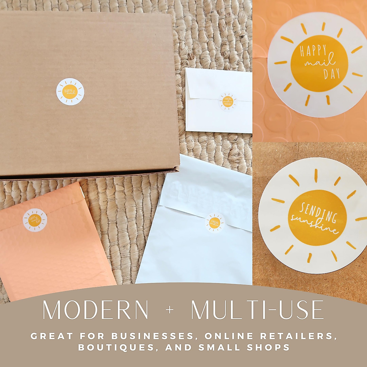 Happy Mail Stickers | Sending Sunshine Yellow Boho Stickers | Cute Packaging for Small Business | 1 Roll with 500 - Round Envelope Seals | 4 Unique Designs | Sunshine Party, Small Business Supplies