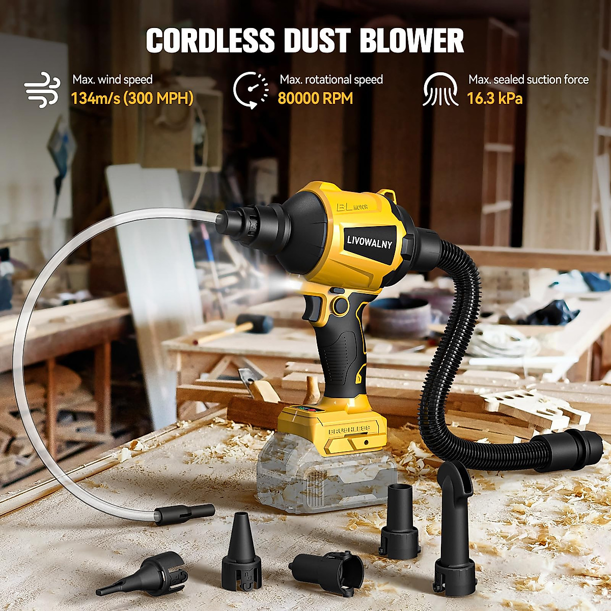 LIVOWALNY Cordless Dewalt 20V Battery Dust Blower, Handheld Blower Sawdust Cleaner 447 MPH/39 CFM for Garages, Sawmill Rooms, Workshops, Home Improvement (No Battery)